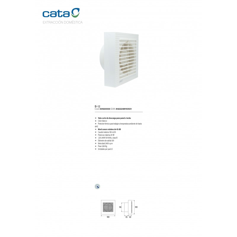 EXTRACTOR CATA B12 190/M3H BAÑO BLANCO TUBO CORTO DE DESCARGA PARA ...